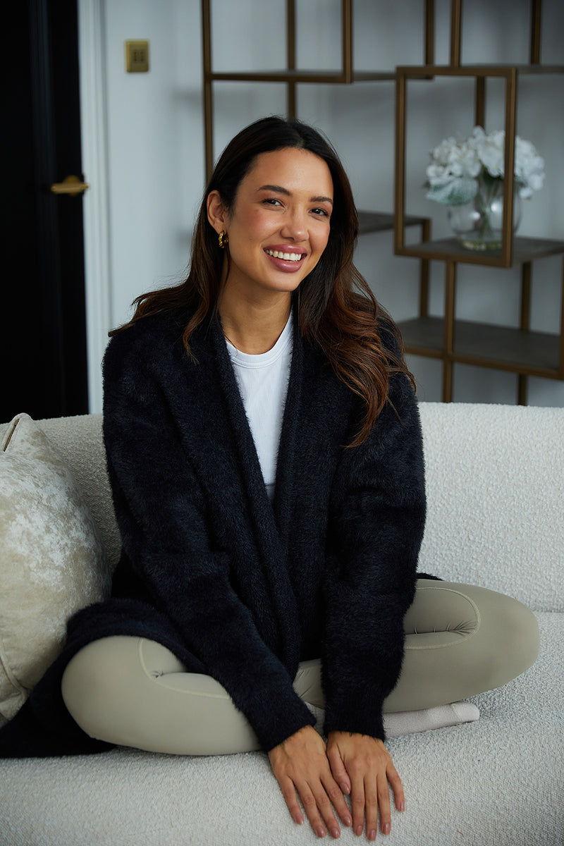 Personalised Luxury Knitted Cosy Longline Robe Cardigan - Black