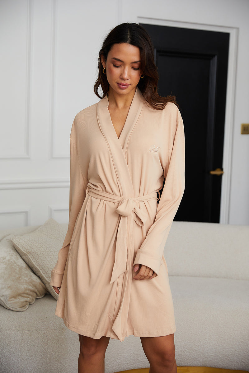 Personalised Ribbed Short Robe - Sand | HA Designs LTD