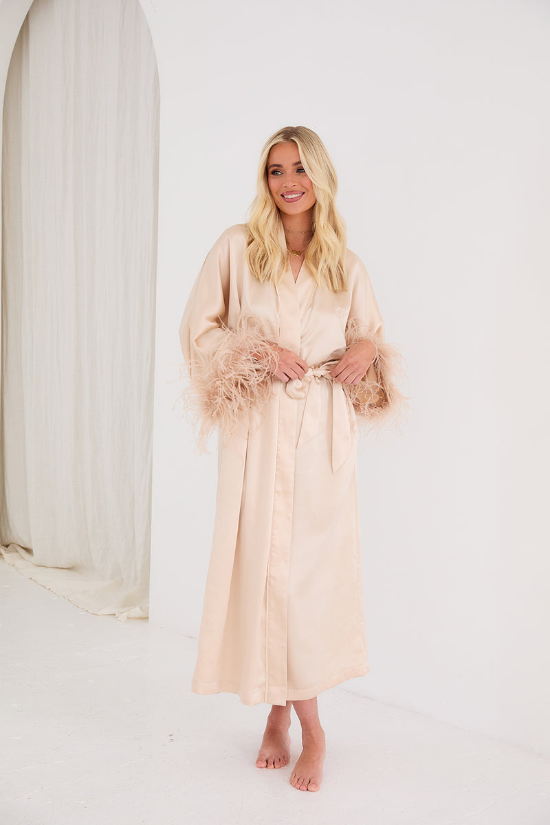 Personalised Bridal Luxury Satin Long Feather Robe - Nude