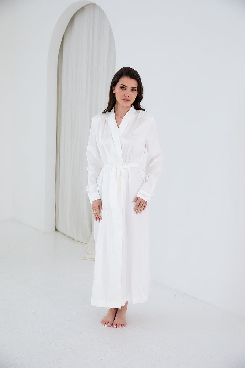 Personalised Bridal Luxury Satin Long Robe - White | HA Designs LTD