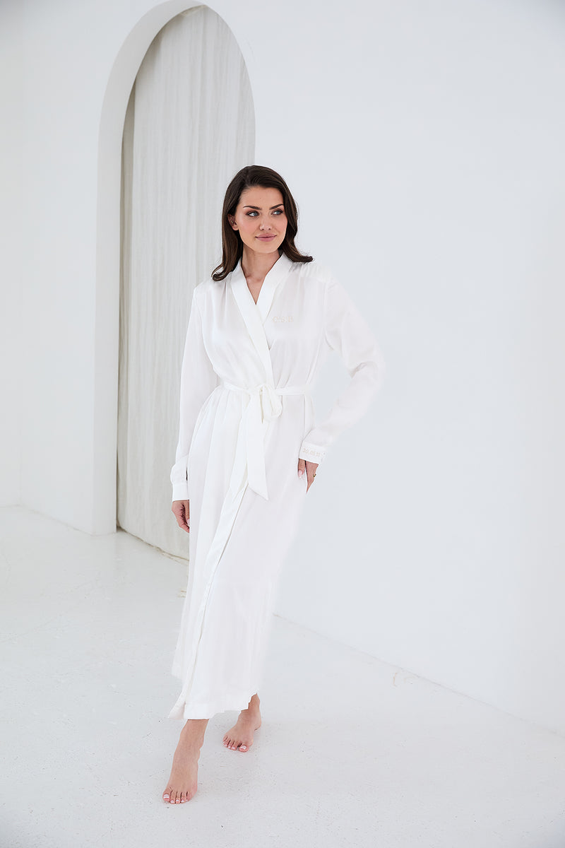 Personalised Bridal Luxury Satin Long Robe - White | HA Designs LTD