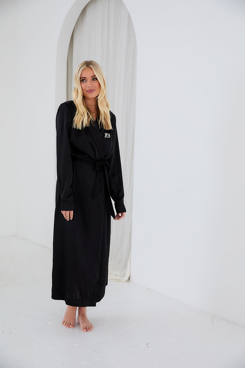 Personalised Bridal Luxury Satin Long Robe - Black | HA Designs LTD