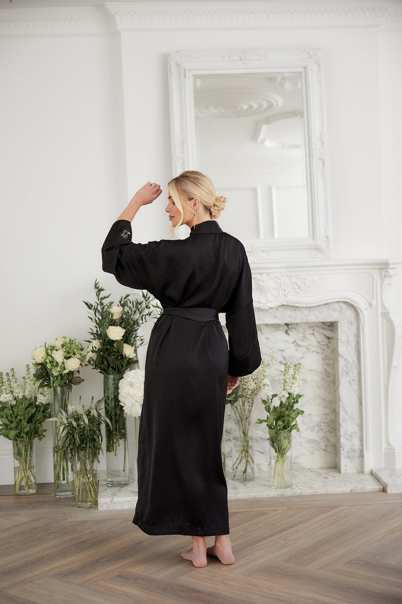 Personalised Luxury Satin Long Kimono Robe - Black | HA Designs LTD