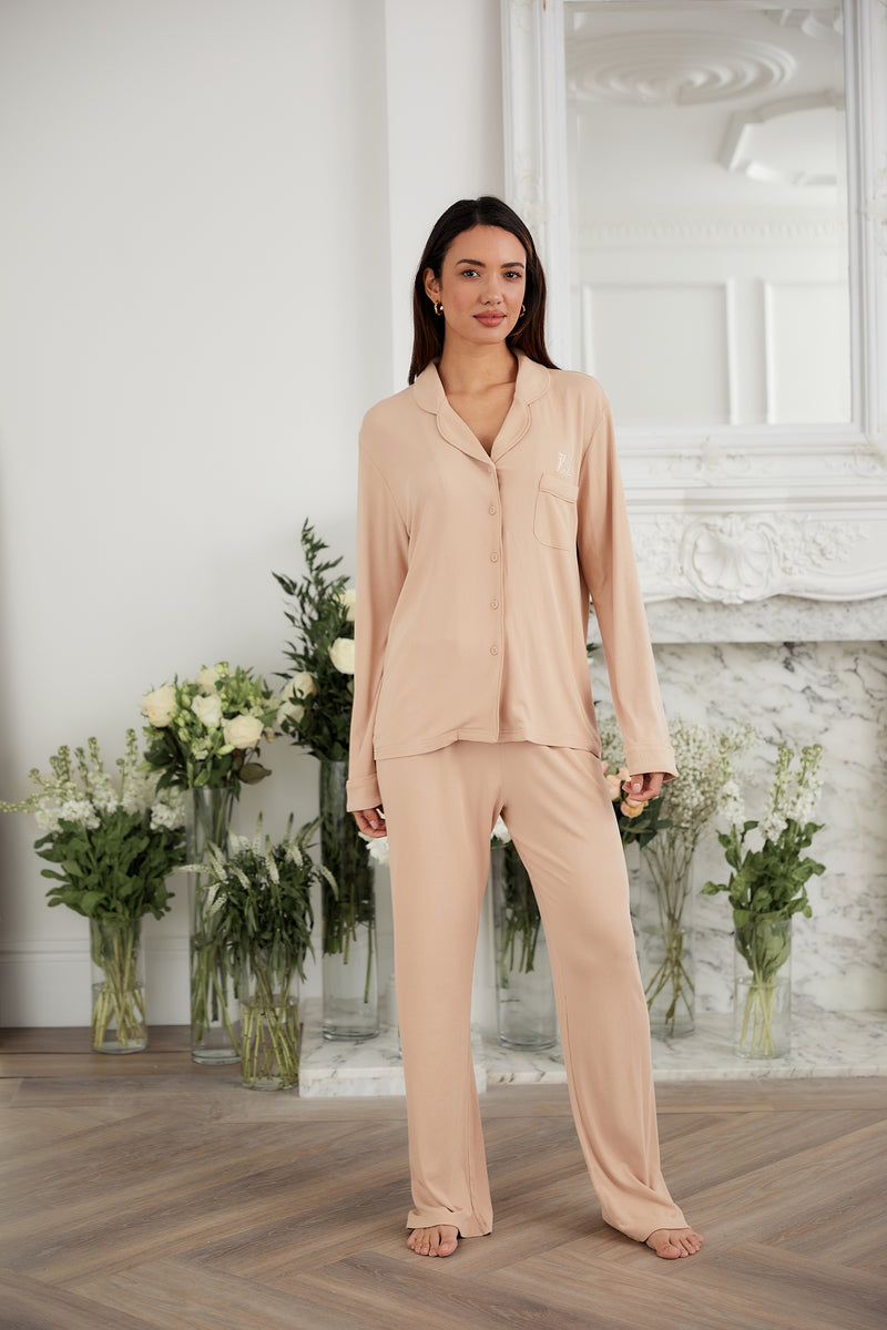 Personalised Ribbed Long Sleeve Pyjama Set - Sand | HA Designs LTD