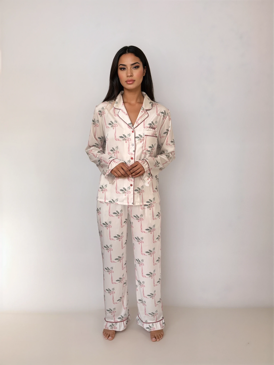 Personalised Luxury Christmas Satin Frill Long Sleeve Pyjama Set - Holly