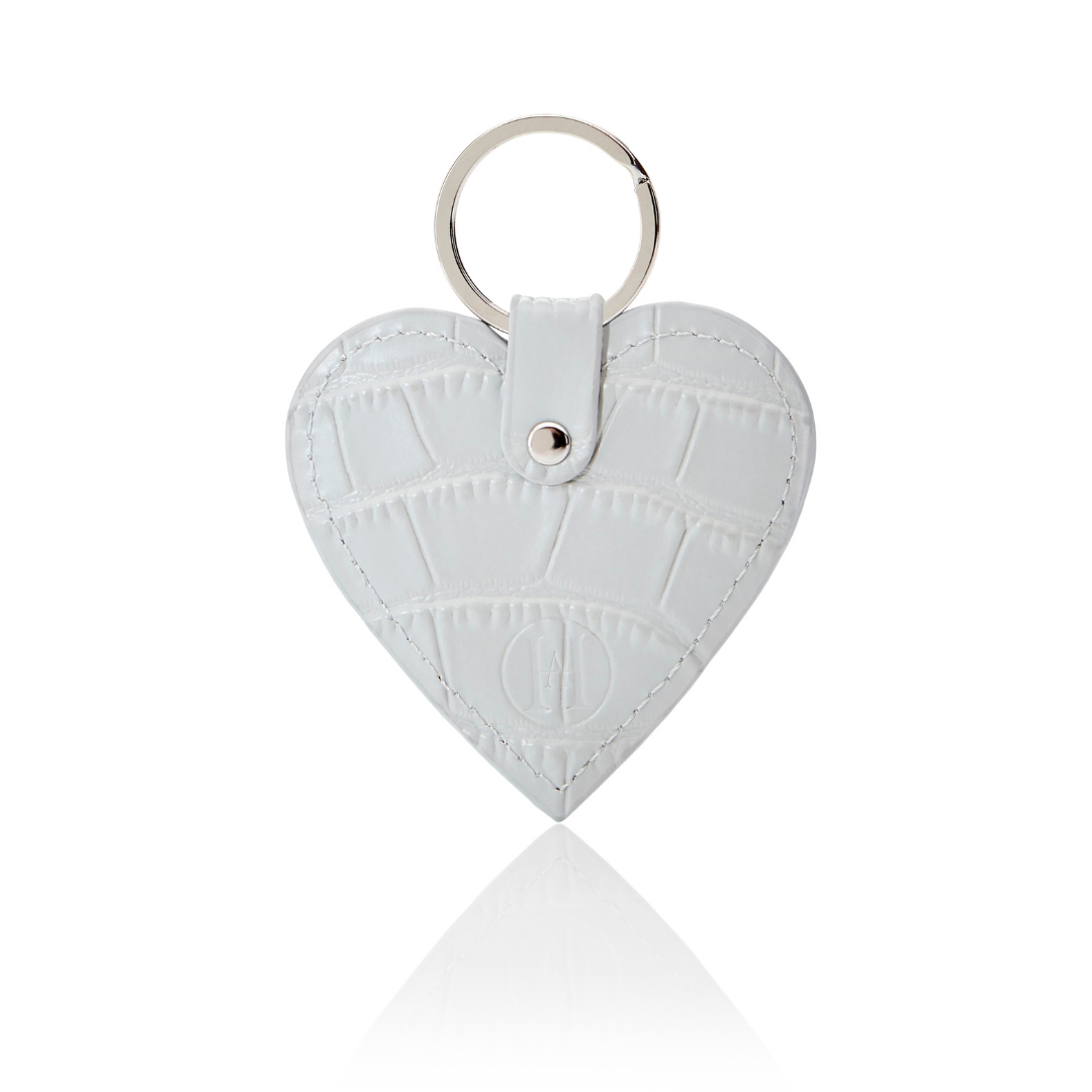 Personalised Leather Heart Keyring - Grey Croc with Silver Hardware