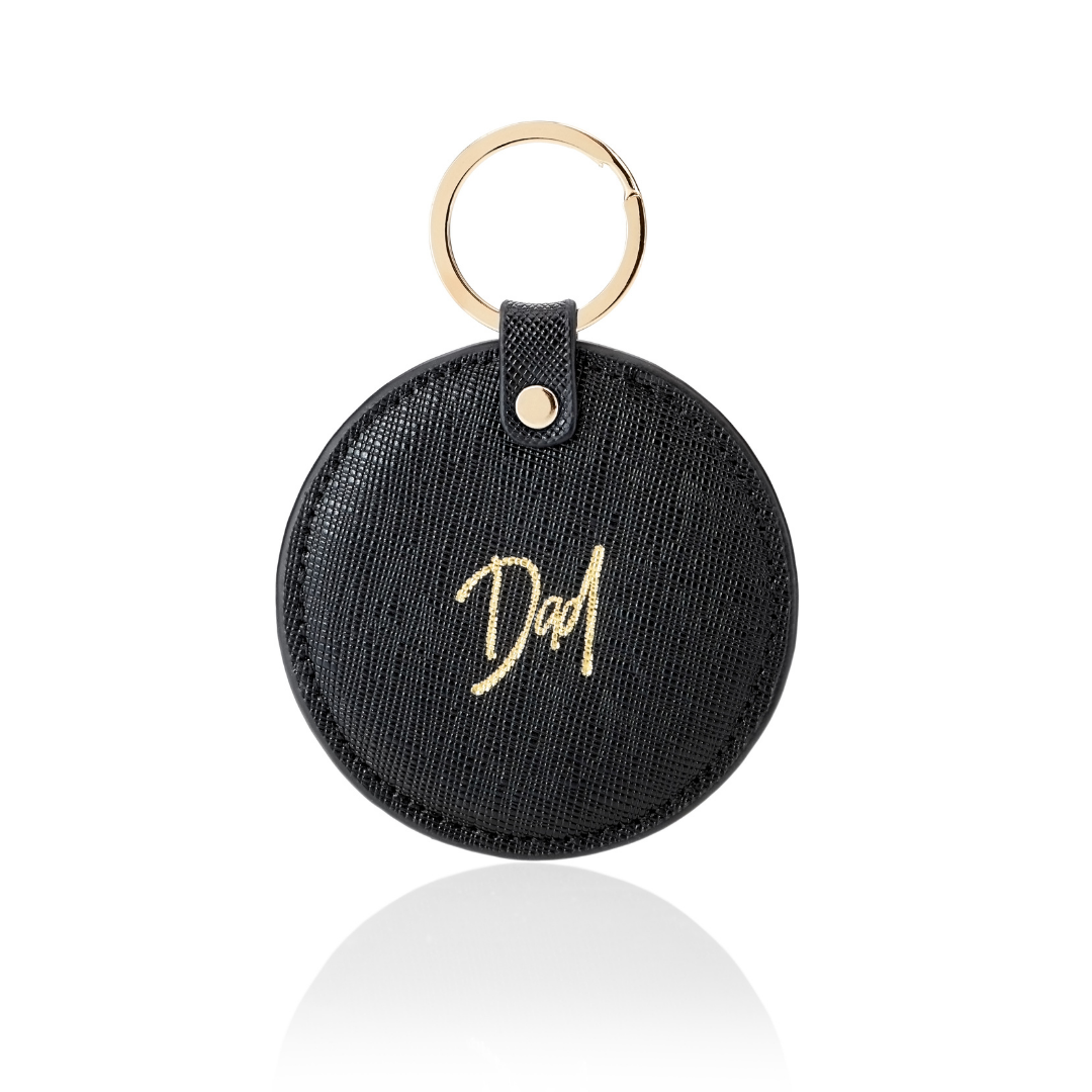 Personalised Leather Dad Circle Keyring - Black Saffiano with Gold Hardware