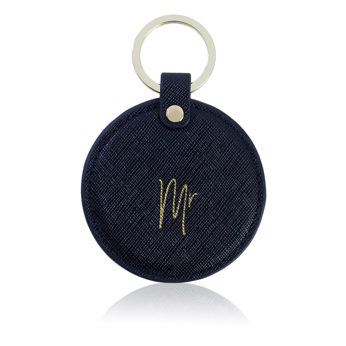Personalised Leather Mr Circle Keyring - Black Saffiano with Gold Hardware