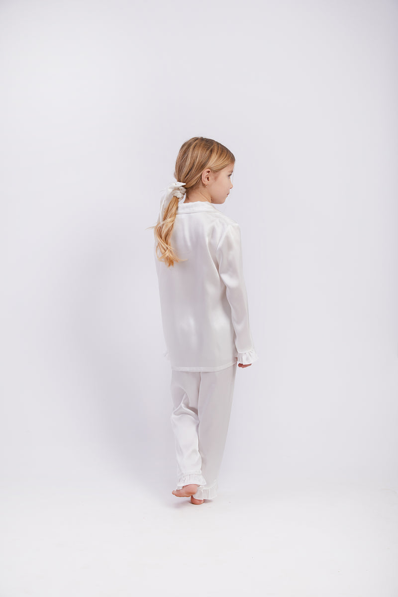 Personalised Girls Luxury Satin Frill Long Sleeve Pyjama Set - White