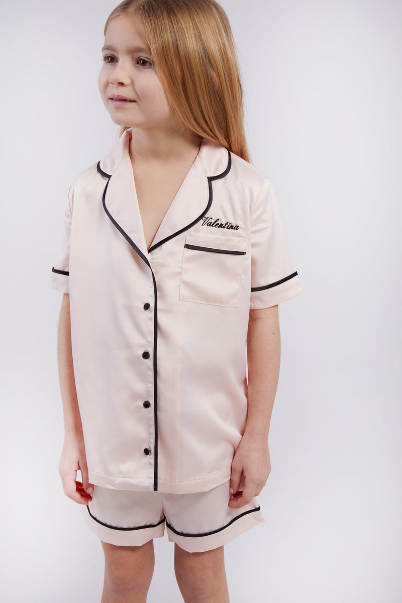 Personalised Girls Satin Short Sleeve Pyjama Set - Pink
